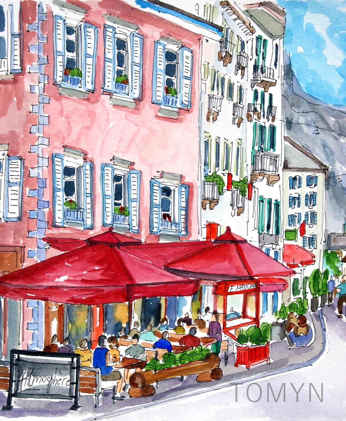 Cafe in Chamonix Town Center. Chamonix Mont Blanc Watercolor Painting ...