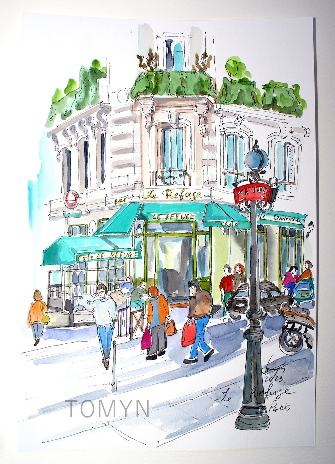 Le Refuge Paris Restaurant Original Watercolor. Paris Bistro Painting ...