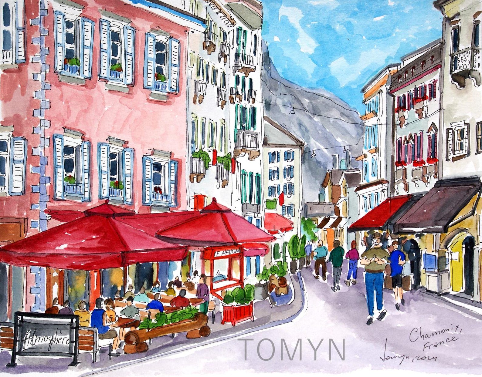 Cafe in Chamonix Town Center. Chamonix Mont Blanc Watercolor Painting ...