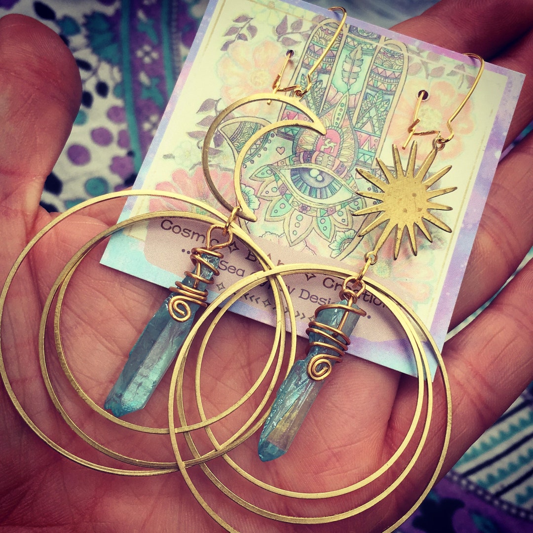Sparkling Gems Gypsies Earrings Sun Moon Love Earrings Aura Quartz Blue ...