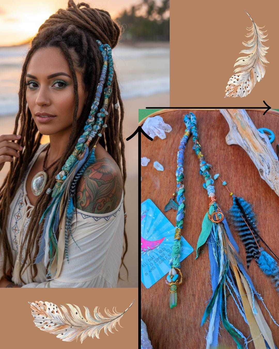 Mystical Mermaid Boho Dread Wrap | Crystal & Feather Hair Jewelry ∆ ...