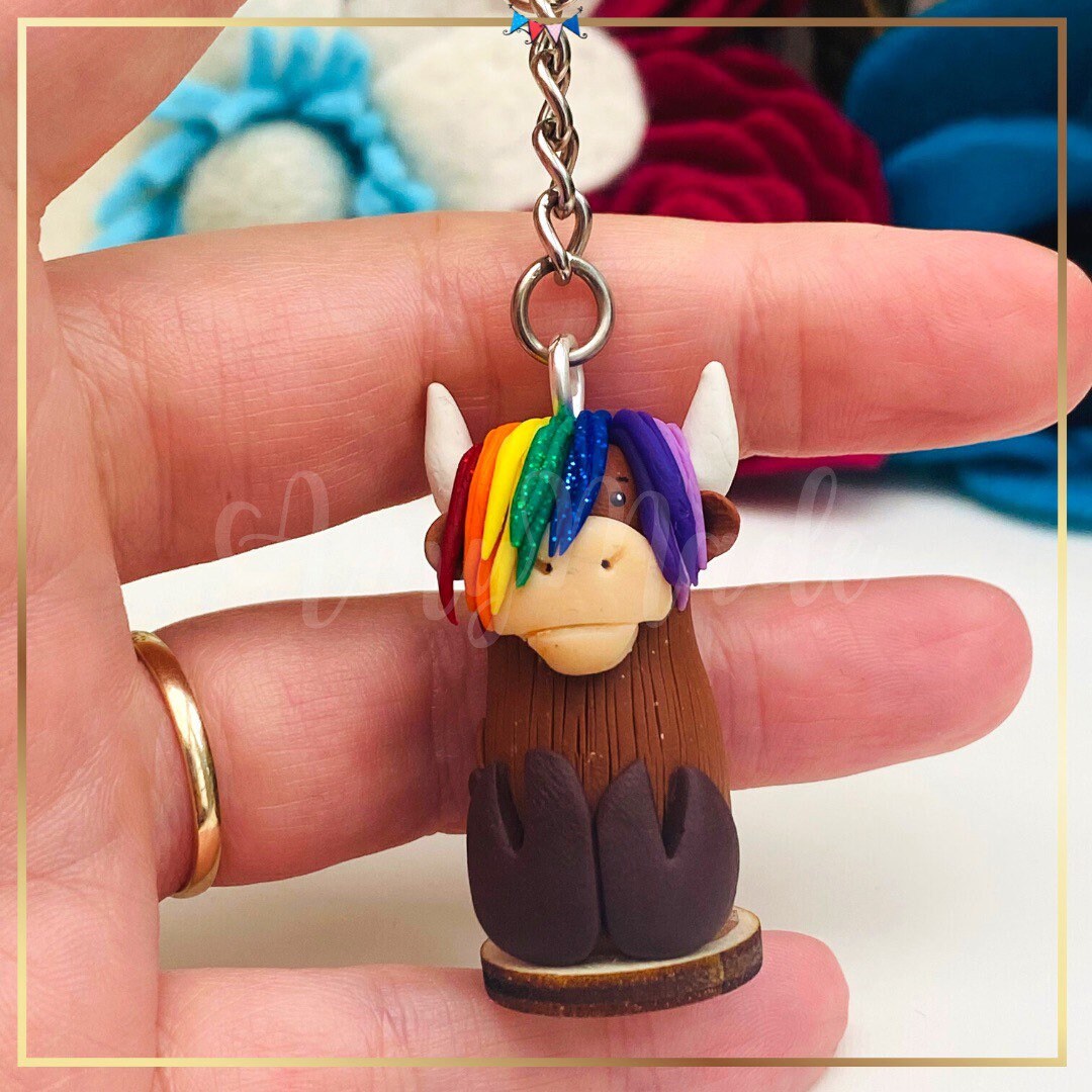 Rainbow Highland Cow Keychain, Miniature Highland Cow Gift, Polymer ...