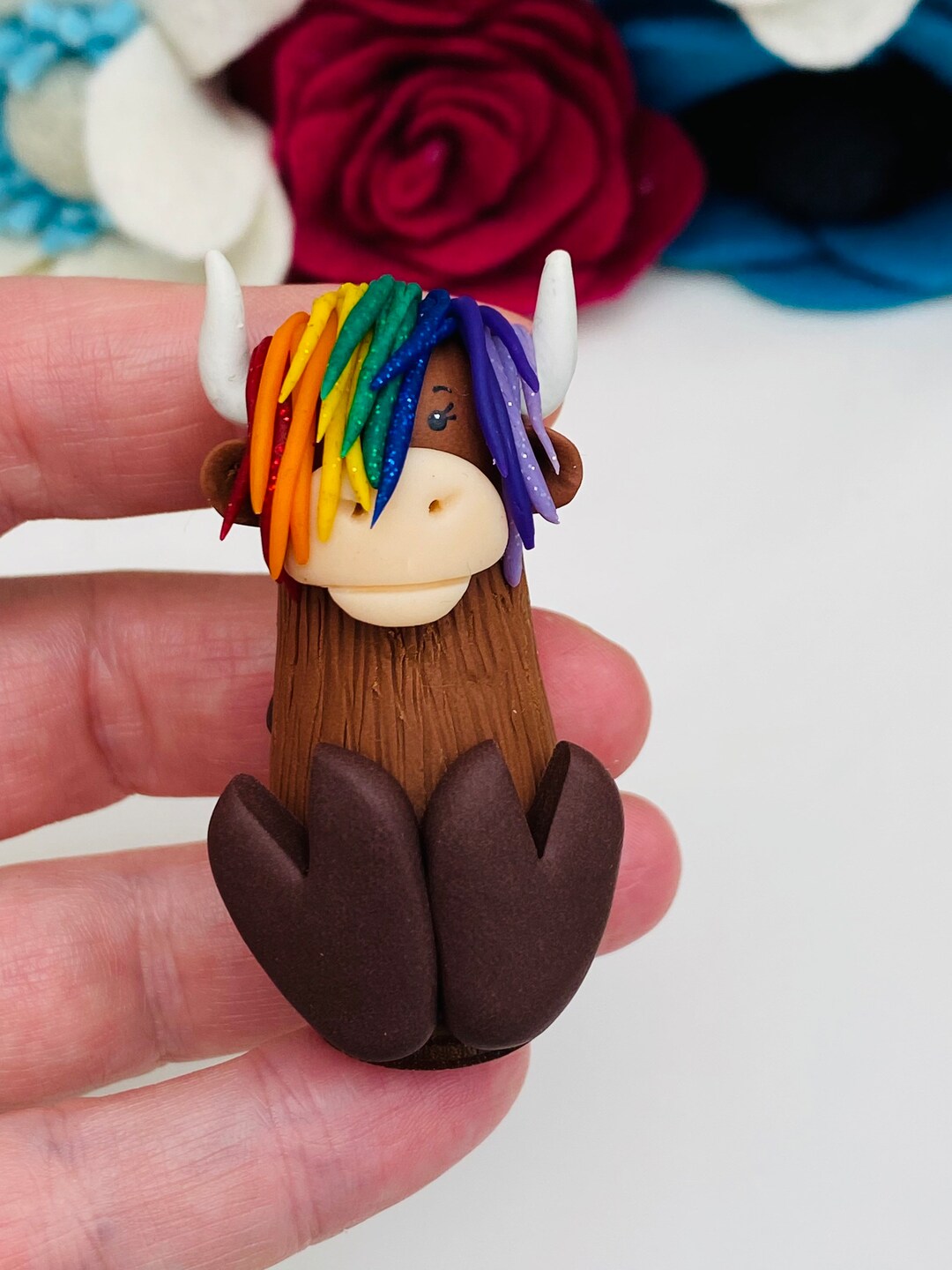 Rainbow Highland Cow Figure, Highland Cow Gift, Polymer Clay Highland ...