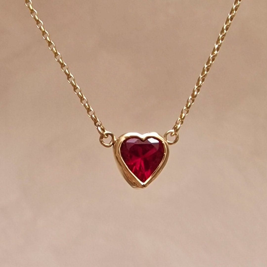 9ct Gold Ruby Heart Necklace, Ruby Necklace in Gold, Lab Grown Ruby ...