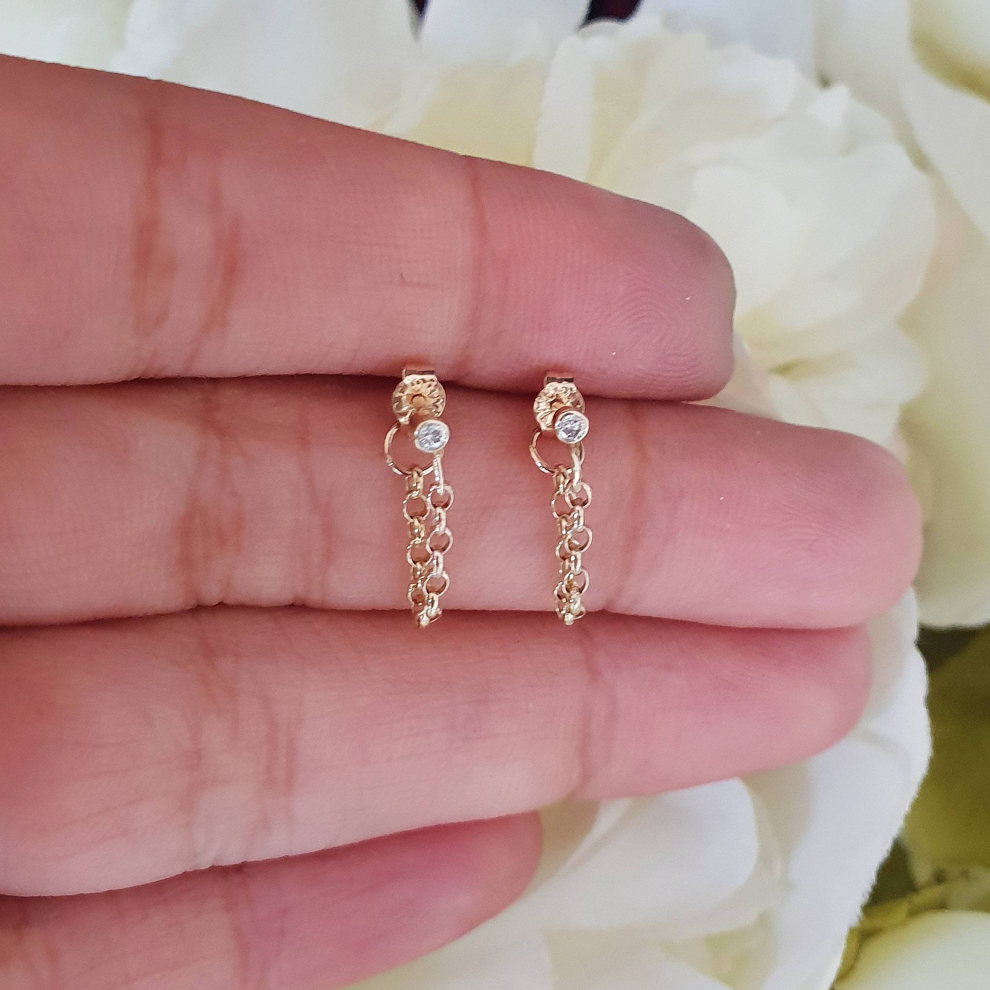 Diamond earrings chain earrings diamond chain studs tiny | Etsy