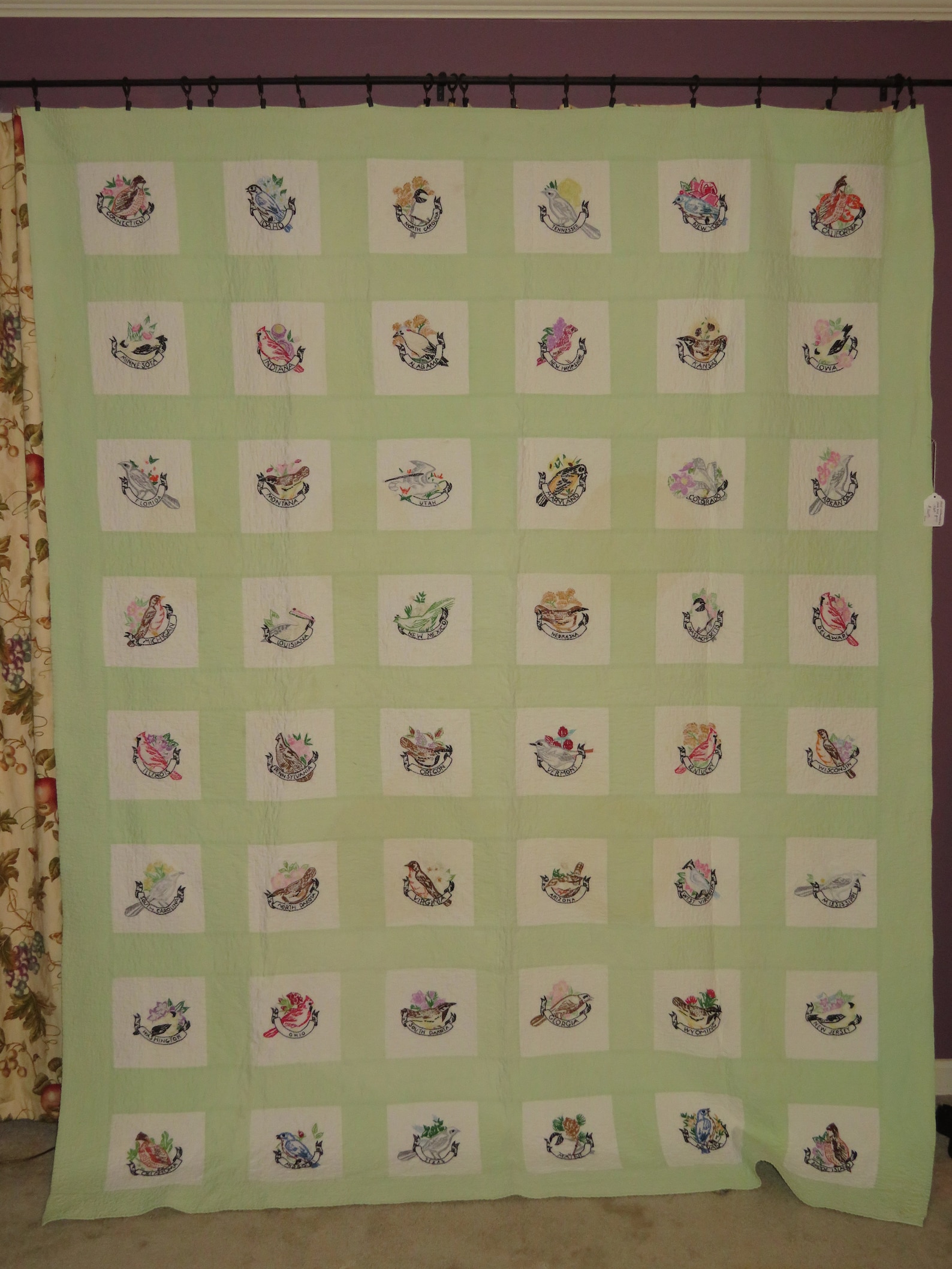 Antique State Bird State Flower Quilt Hand Embroidered Hand Stitched ...