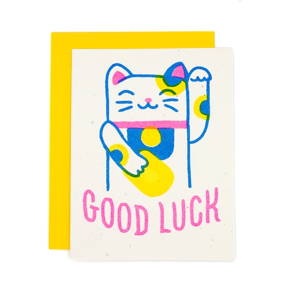 Good Luck Lucky Cat Risograph Card | Etsy