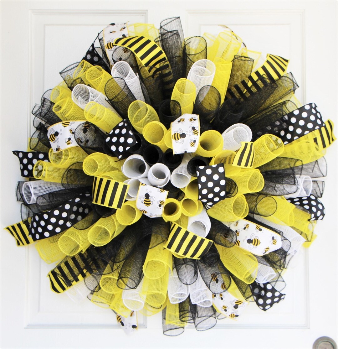 XL Curly Mesh BEE Wreath 29 Black Yellow White Garden Front - Etsy