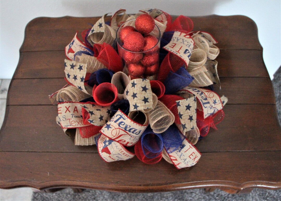 Texas Patriotic Centerpiece, 17” Red Navy Blue Burlap Mesh Tabletop ...