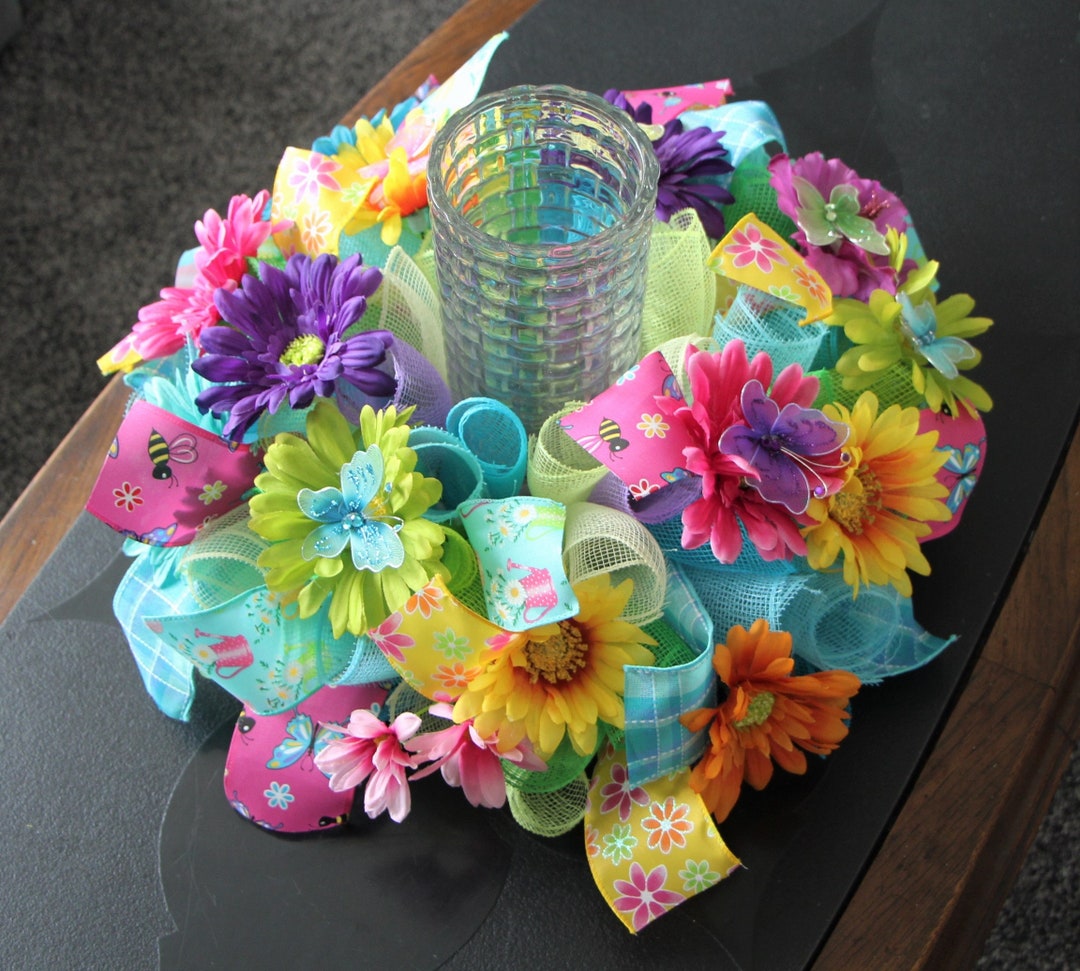 Butterfly Floral Centerpiece, 17” Multicolor Mesh Tabletop Décor ...