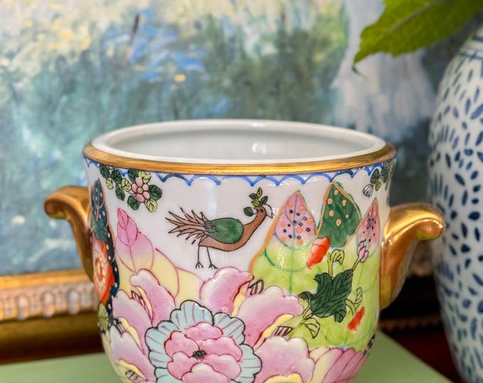 Vintage Tobacco Leaf Porcelain Cachepot Jardiniere - Gold Handles ...