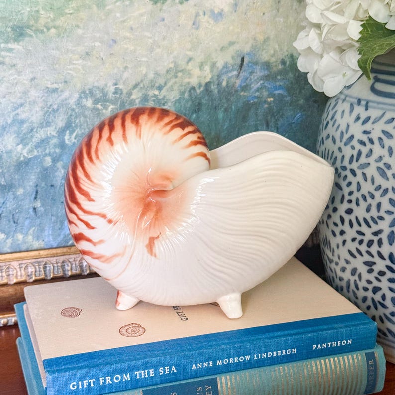 Vintage Fitz and Floyd Nautilus Shell Footed Planter Cachepot Vase - Coastal Beach Seashell ...