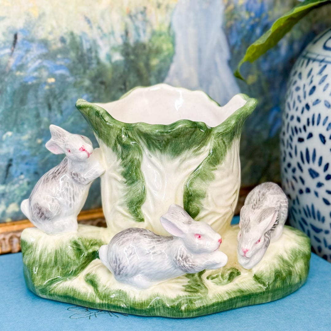 Cabbage Lettuce Leaf Bunny Rabbits Vase or Planter - Easter Spring ...