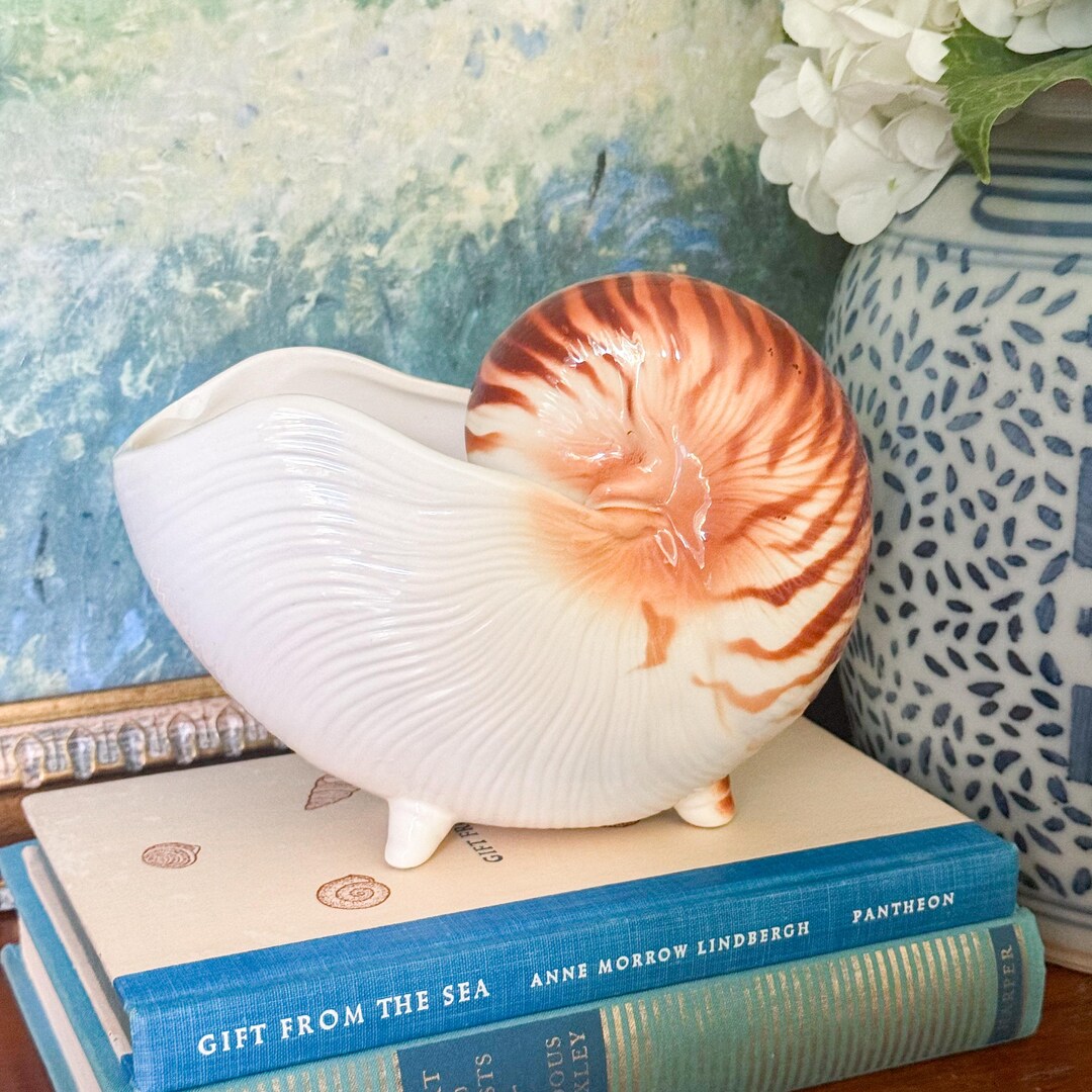 Vintage Fitz and Floyd Nautilus Shell Footed Planter Cachepot Vase - Coastal Beach Seashell ...