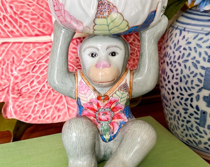 Rare Tobacco Leaf Pattern Chinoiserie Monkey Bowl Dish - Pink Nose ...