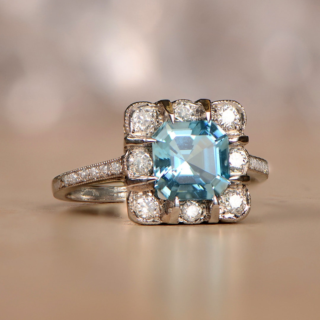 0.84ct Asscher Cut Aquamarine Ring With Floral Diamond Accent ...