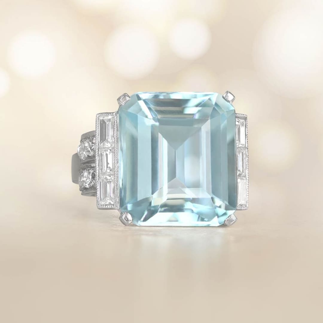 10.55ct Emerald Cut Aquamarine and Diamond Ring. Handcrafted Platinum ...