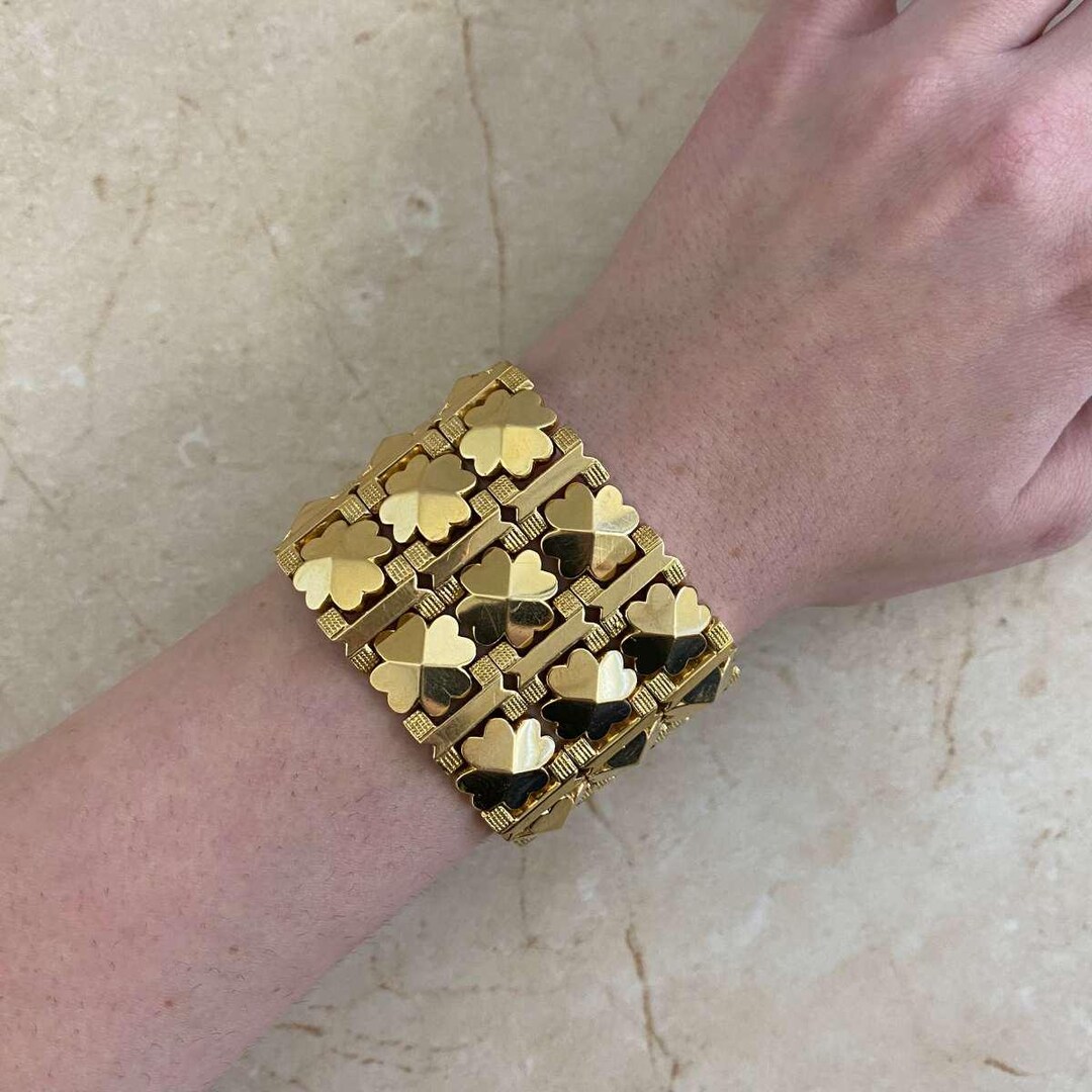 Retro Wide-set Gold Bracelet. Pyramid-like Clover Motifs Gold and Clasp ...