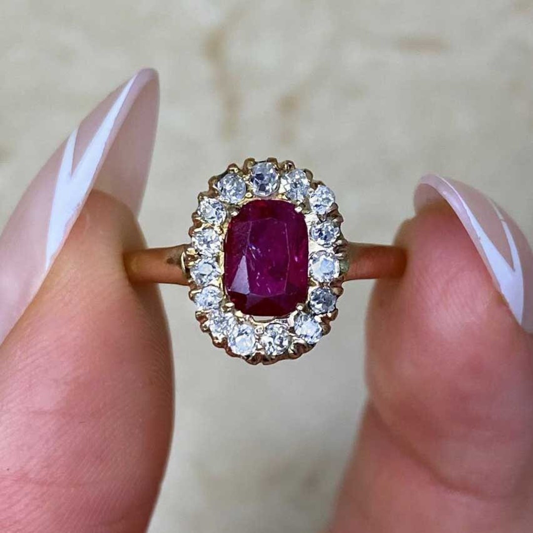 Antique Victorian 0.65ct Cushion Cut Ruby Ring With a Halo Diamond ...