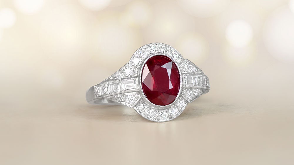 Sale 1.65ct Oval Cut Ruby Ring with Halo Diamond Accent. Handcrafted Platinum Ring