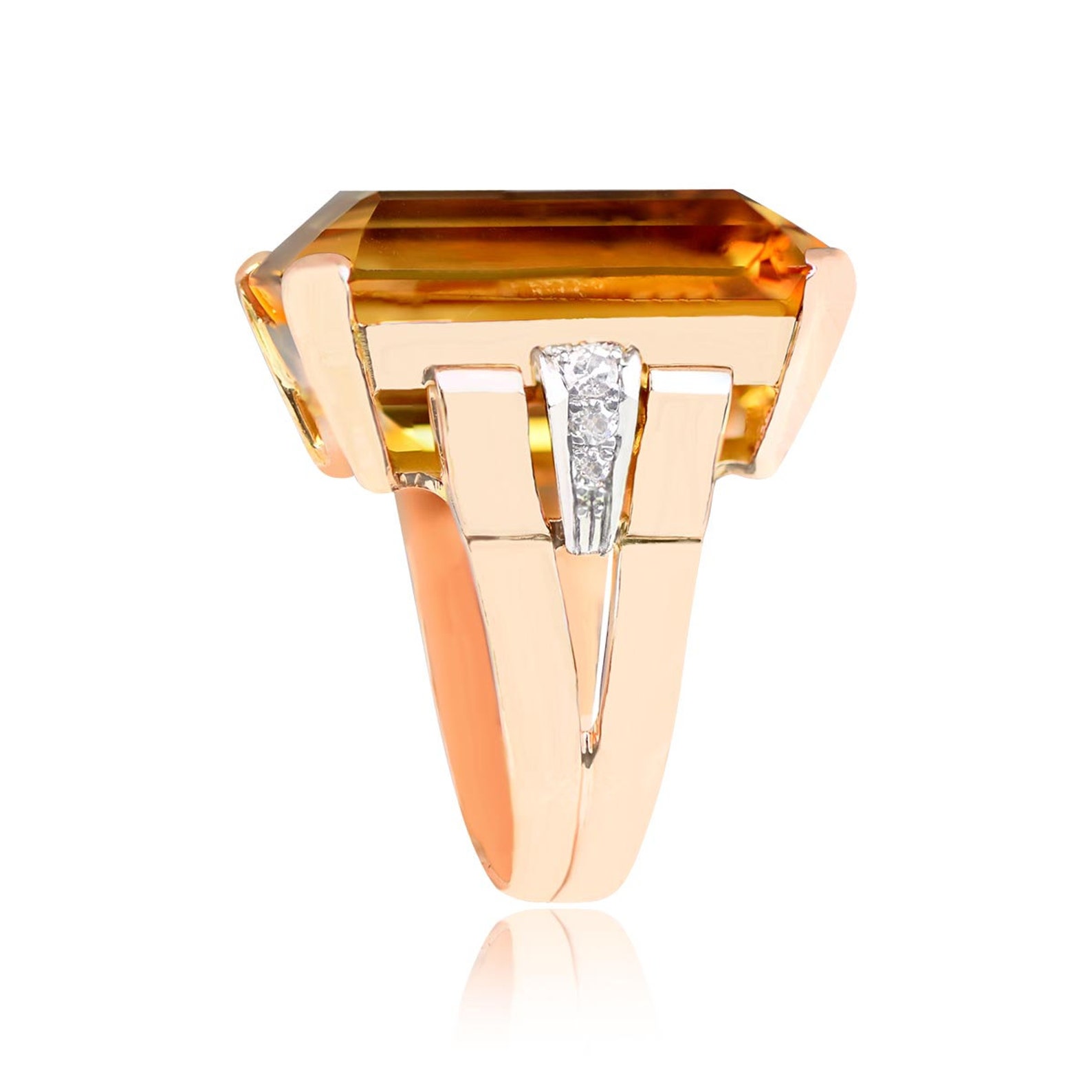 Vintage Retro 30.08ct Emerald Cut Citrine Ring, Circa 1940. Handcrafted in 18K Yellow Gold Ring ...