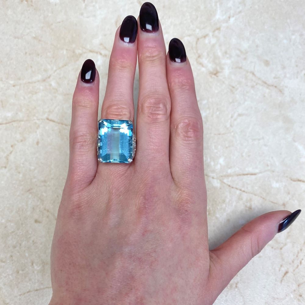 Aquamarine Ring. 20ct Emerald Cut Aquamarine Ring Circa 1945. Handcrafted in 14K White Gold Ring