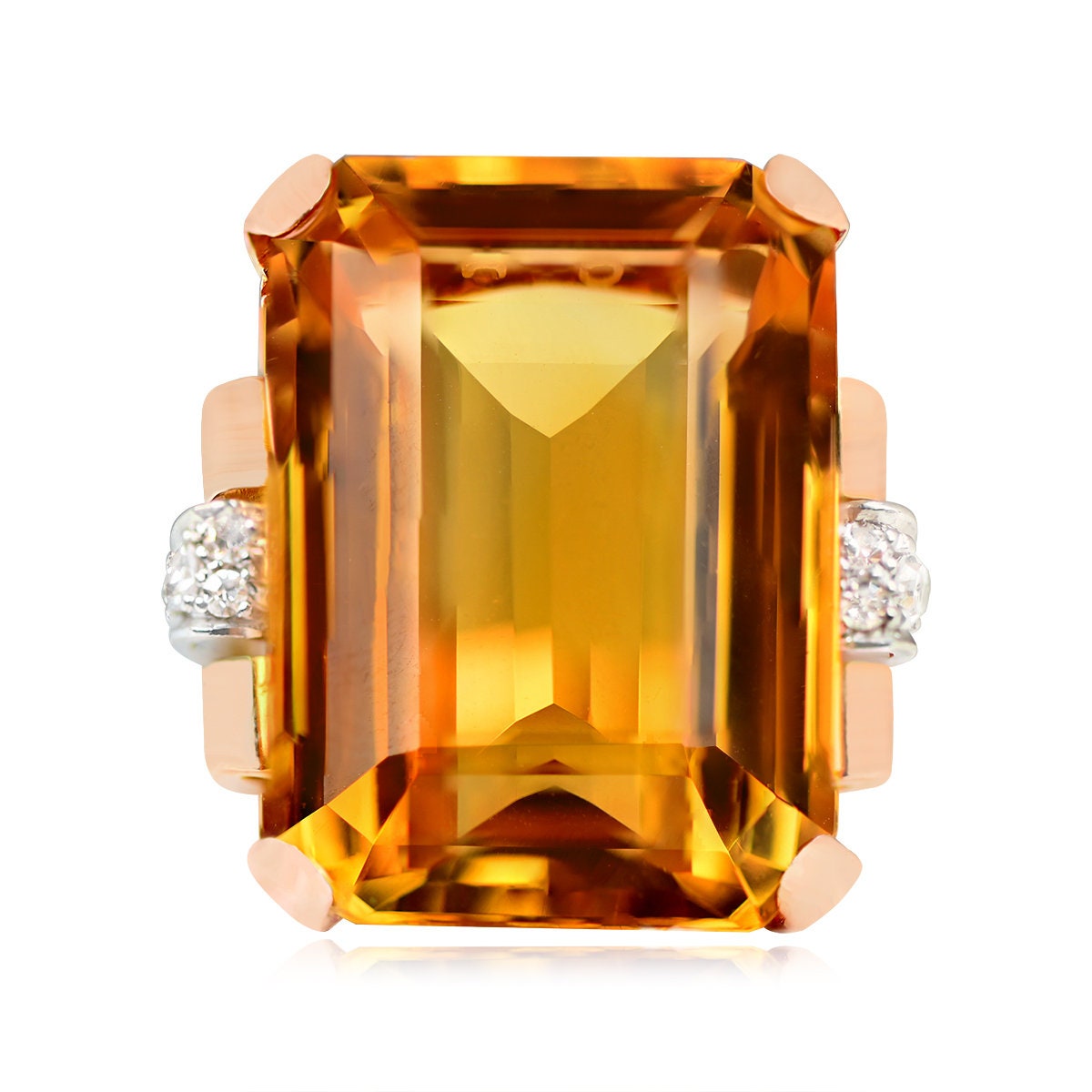 Vintage Retro 30.08ct Emerald Cut Citrine Ring, Circa 1940. Handcrafted in 18K Yellow Gold Ring ...