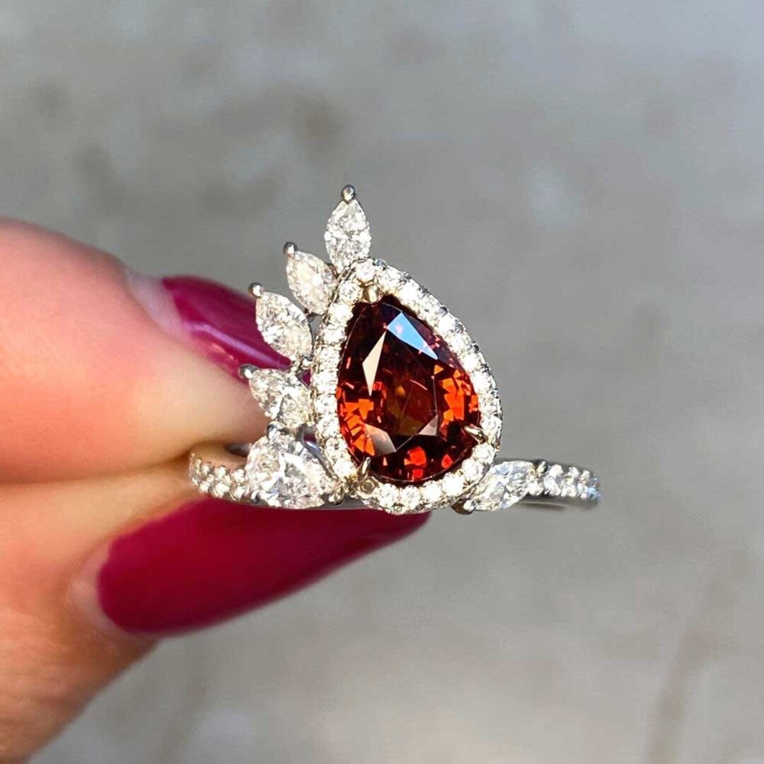 1.52ct Pear Cut Garnet Ring With Diamond Accent. 18K White - Etsy