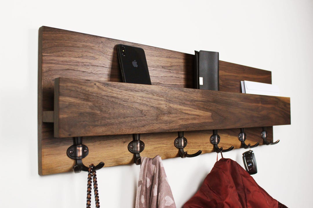 Wall-mounted Hardwood Coat Rack Entryway, Mail Key Organizer, Modern ...