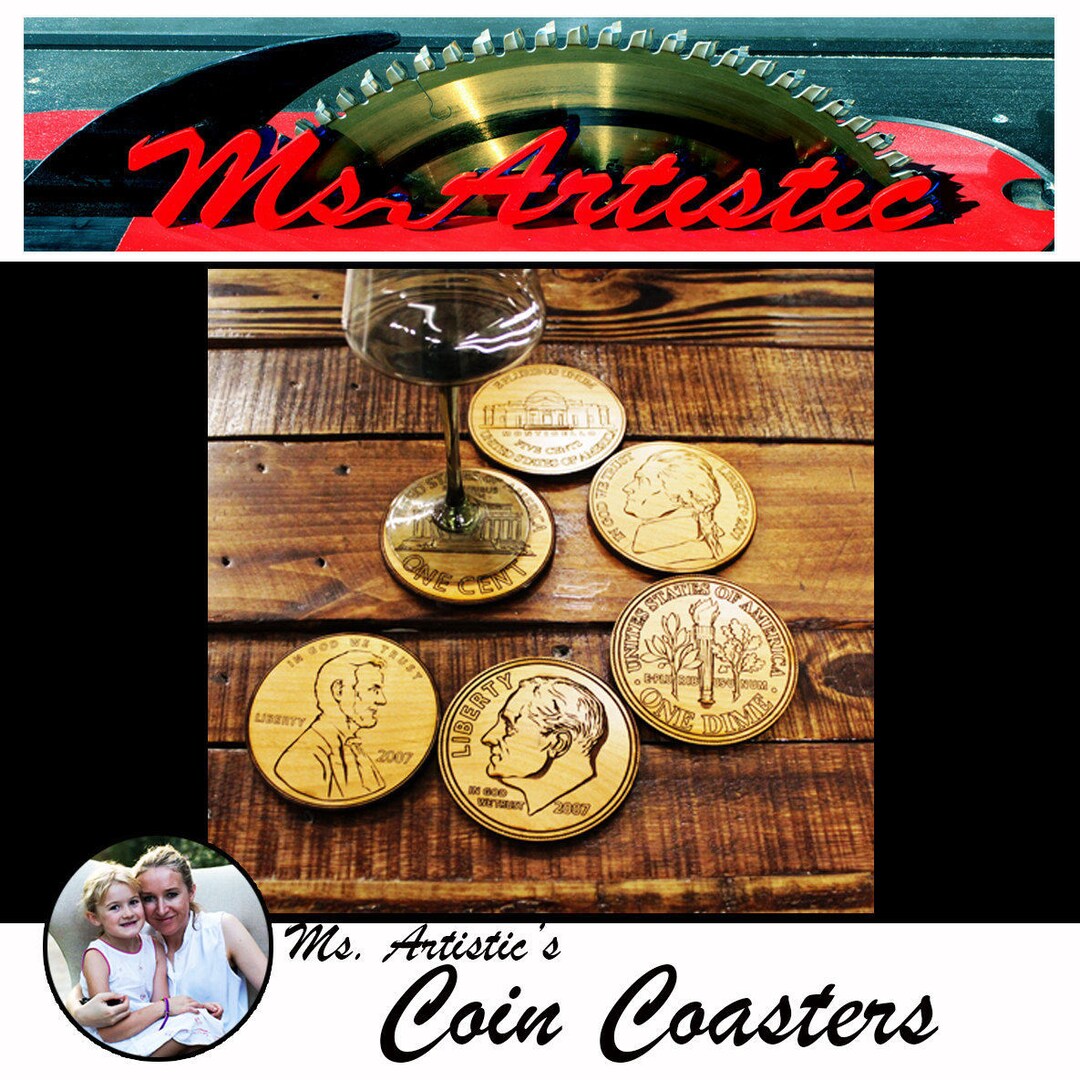 WINE GLASS COASTERS Wood Set Us Coins Coasters Hand Made Wood Unique ...