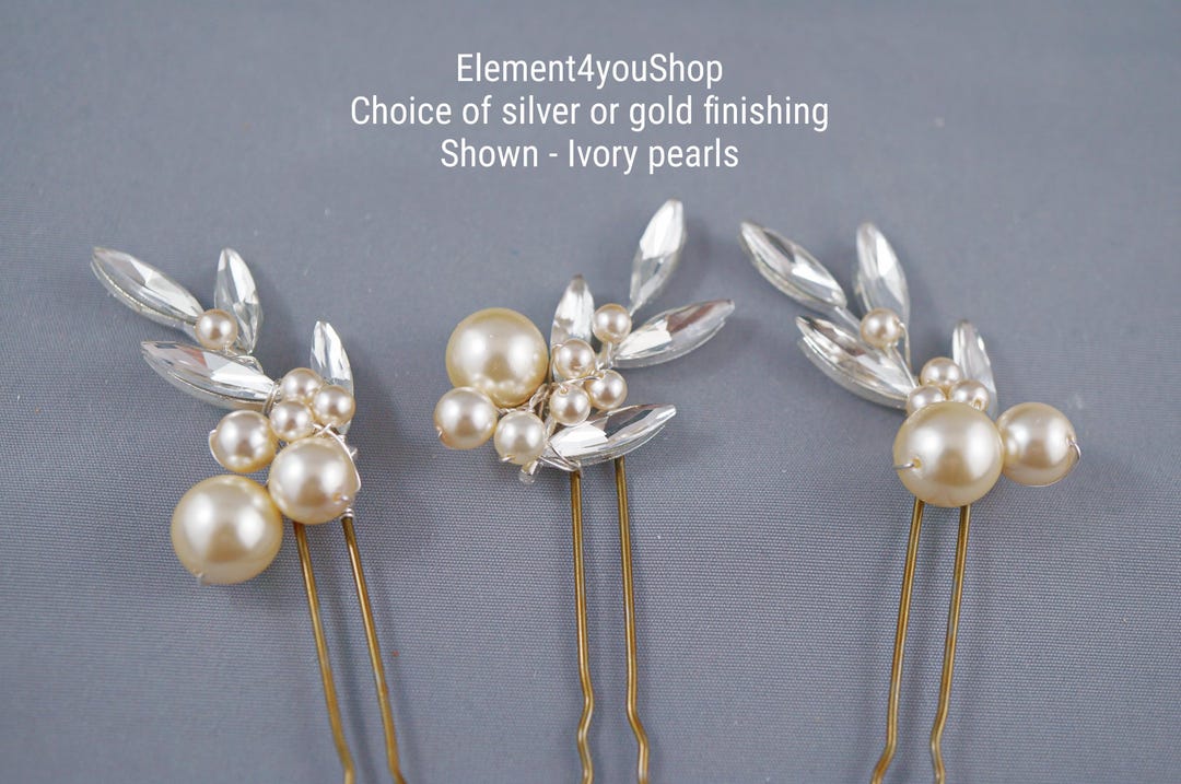 Gold Pearl Bridal Hair Pins | Wedding Picks With Crystal Branch ...
