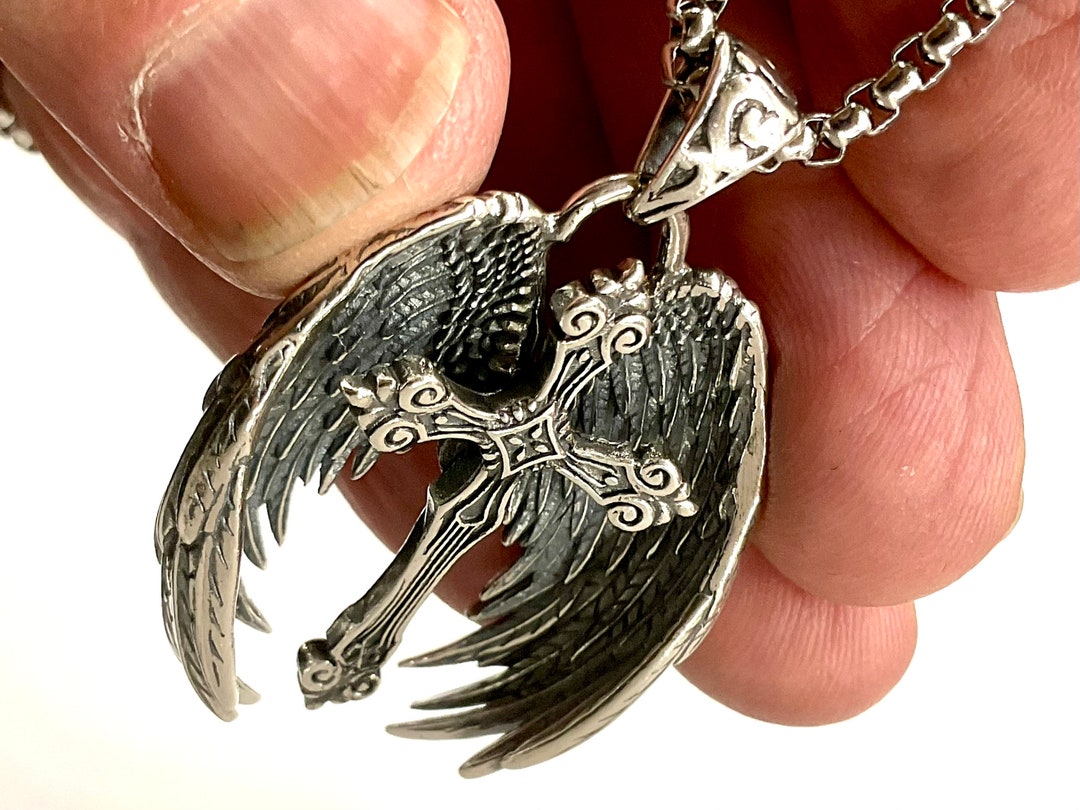 925 Gothic Angel Wing Cross Necklace Jesus Solid Sterling - Etsy