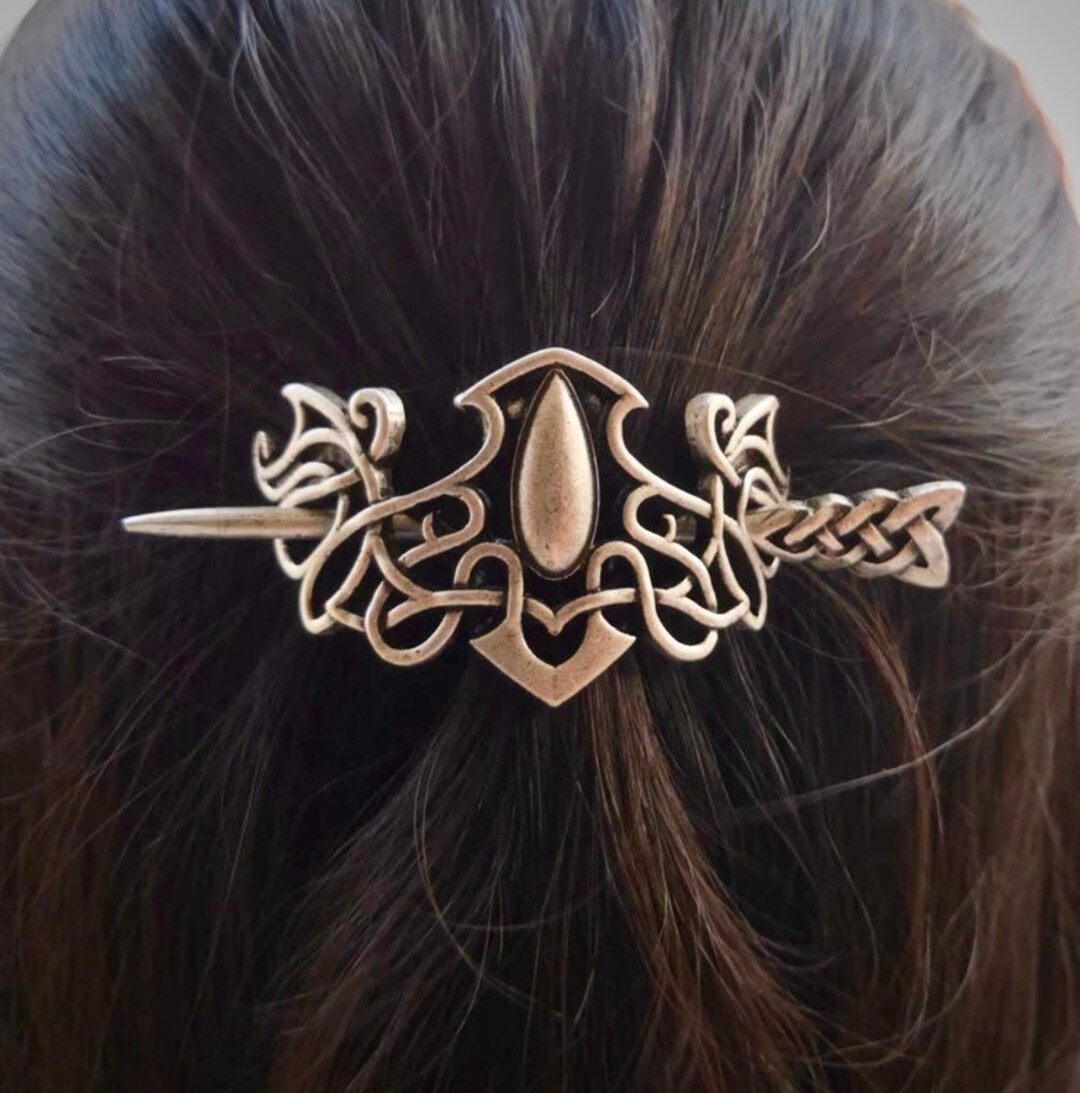 Irish Hair Barrette Celtic Shield and Knot Metal Stick Hair Clip Viking ...