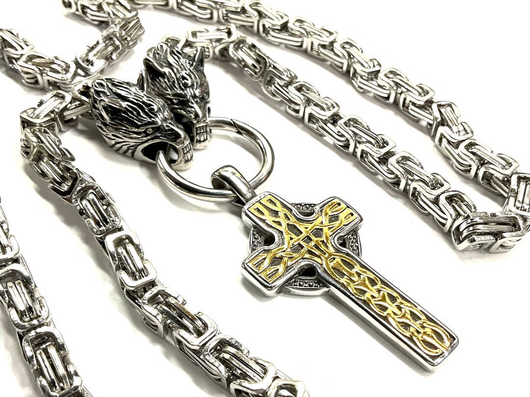 Mens Viking Celtic Wolf Head Cross Necklace Silver and Gold Irish ...