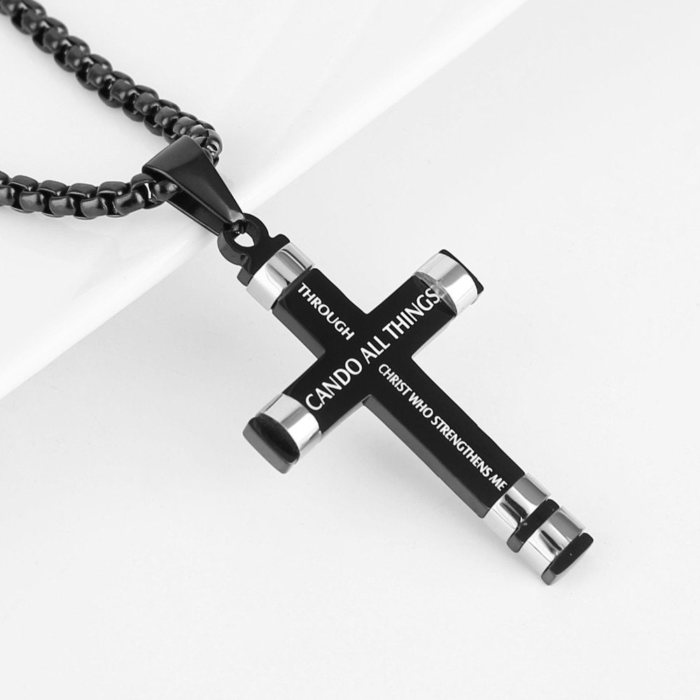 Silver Black Cross Necklaces For Men I Can Do All Thing Through Christ