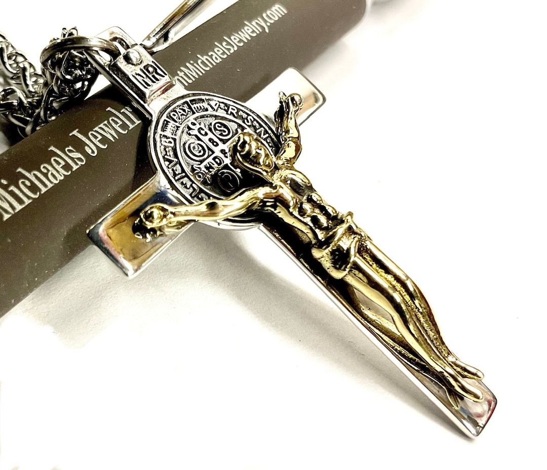 Solid Sterling Saint Benedict Cross Silver Gold Crucifix of Jesus ...