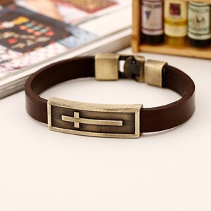 Brass Leather Cross Bracelet Raised Cross Mens Gold Bangle Stainless ...