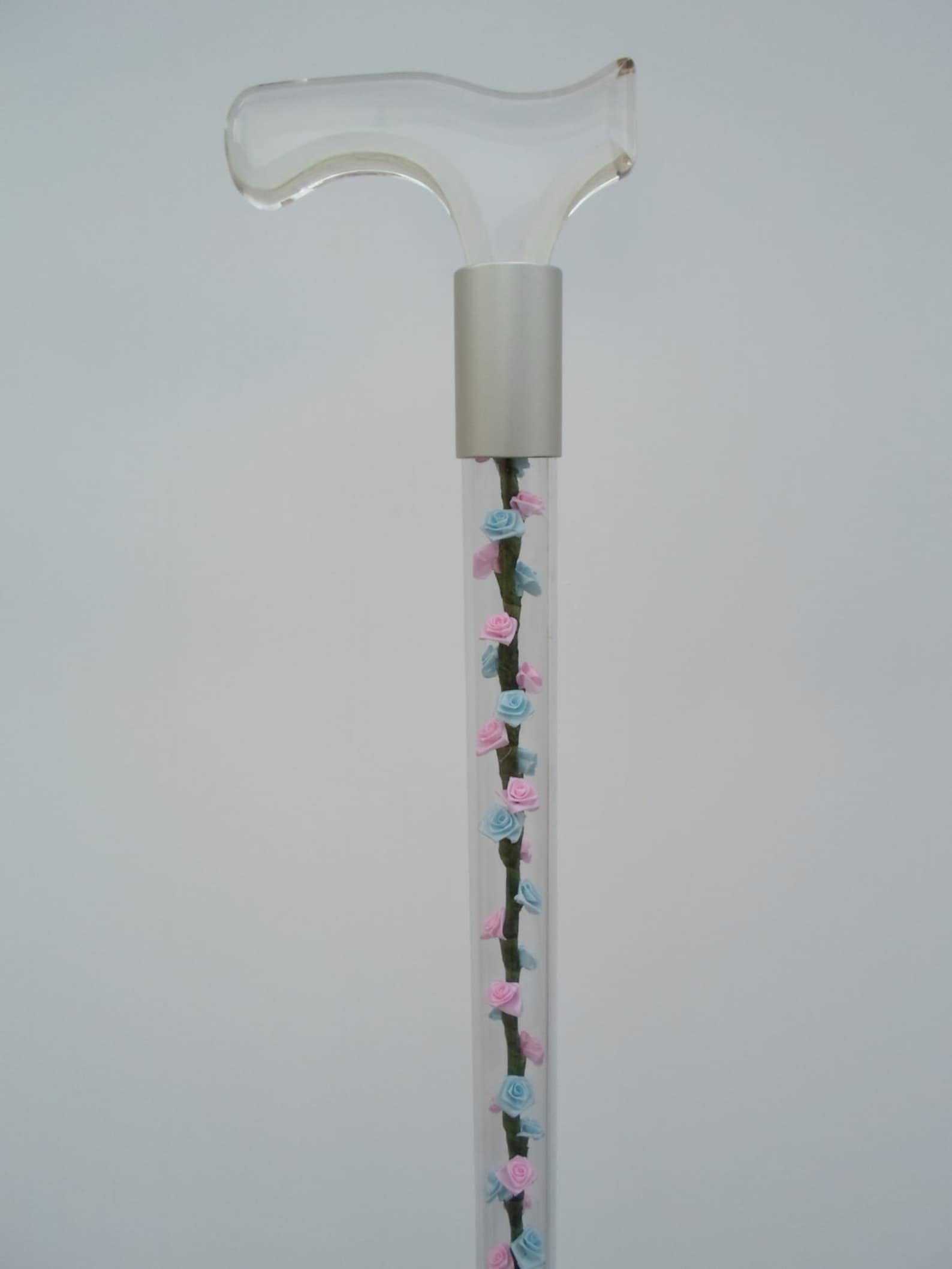 Elegant Designer Walking Cane With Pink & Blue Silk Roses. Sturdy Rigid ...