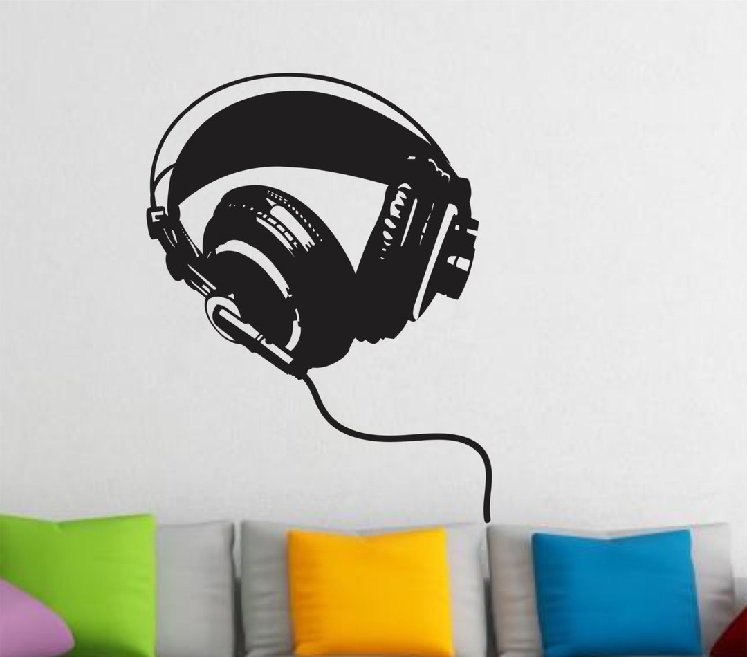 HEADPHONES Wall Decal Sticker Mural Dj Music Ear Phones Headphones Teen ...