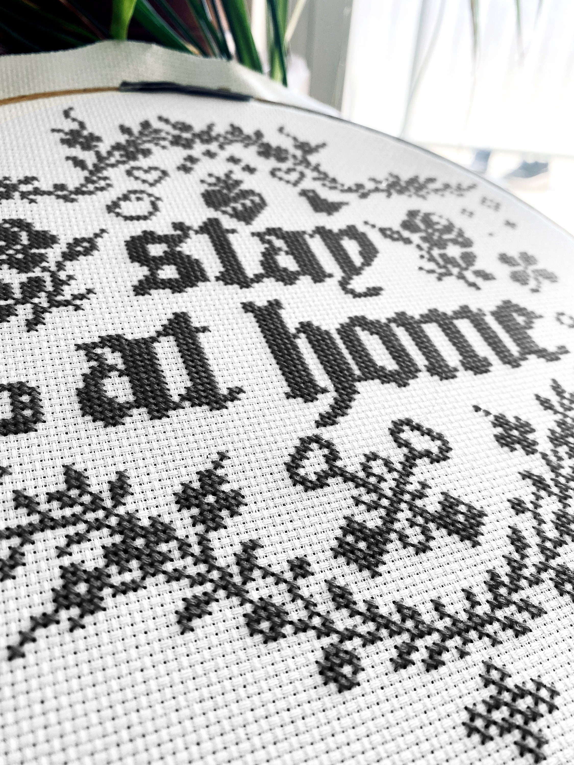 STAY AT HOME Cross Stitch Pattern . Modern Monochrome Embroidery ...