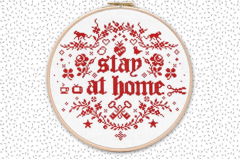 STAY AT HOME Cross Stitch Pattern . Modern Monochrome Embroidery ...