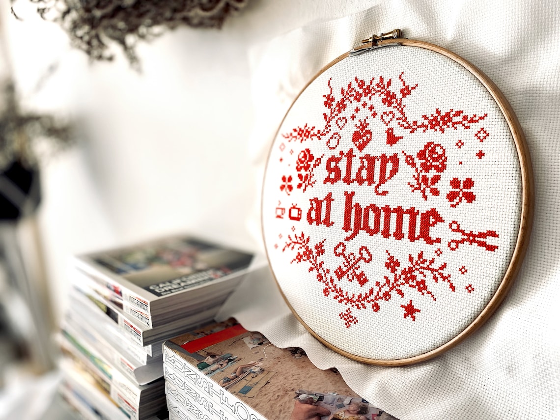 STAY AT HOME Cross Stitch Pattern . Modern Monochrome Embroidery ...
