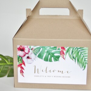 Set 10 Hotel Welcome Box - Kraft Gable Box With Custom Labels in Tropical Flowers and Leaves ...