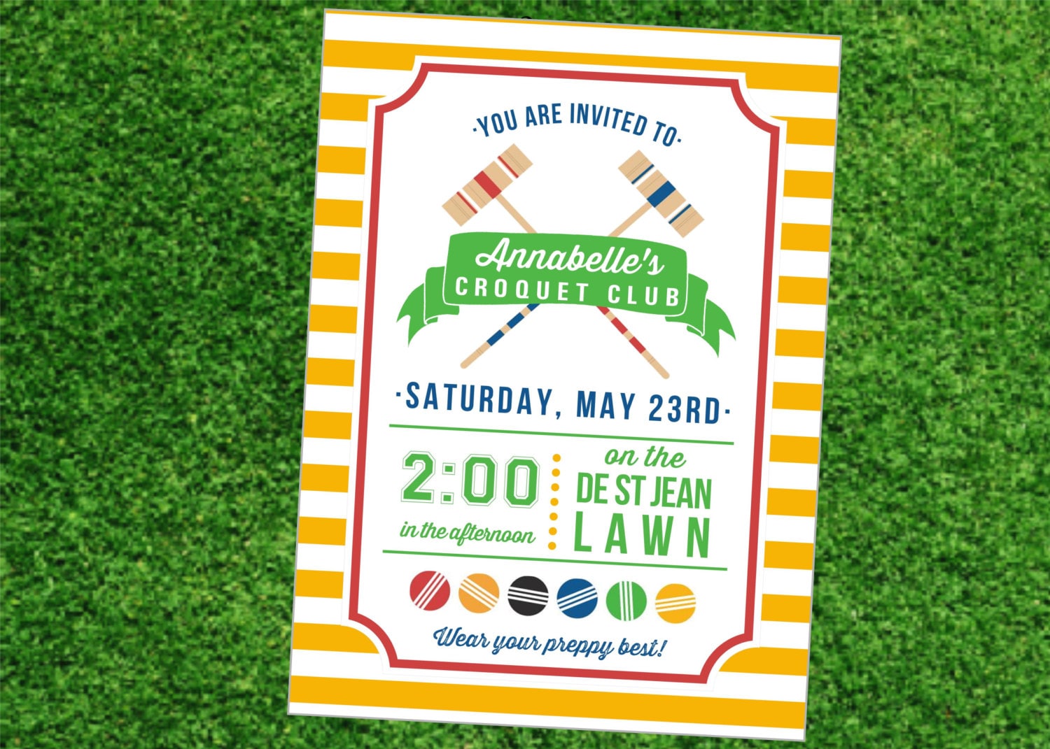 Preppy Croquet Club Printable Party Invitation - Red Yellow Green Blue ...