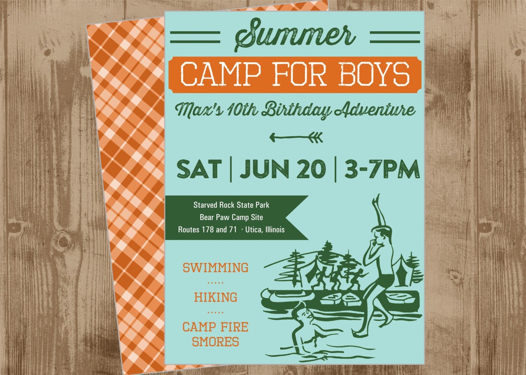 Printable Retro BOYS CAMP Invitation - Summer Camp - Camping - Hiking ...