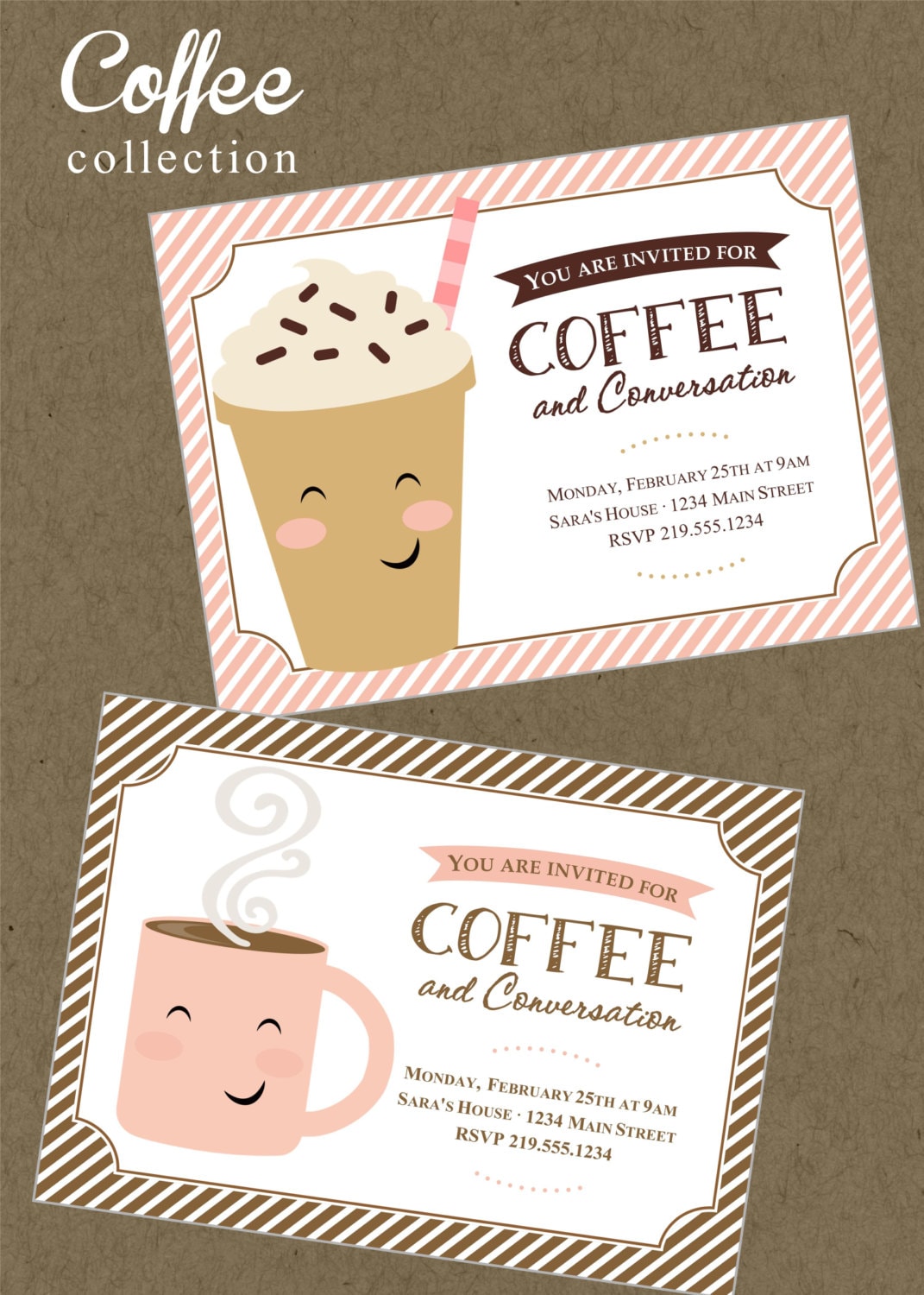 Printable Invitation Coffee - Pink and Chocolate Brown - Moms Day ...