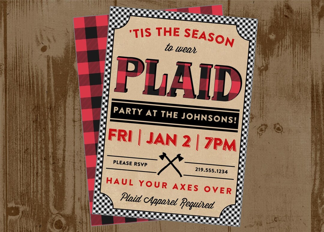 PLAID PARTY Printable Invitation Invite -buffalo Check - Red Black and ...