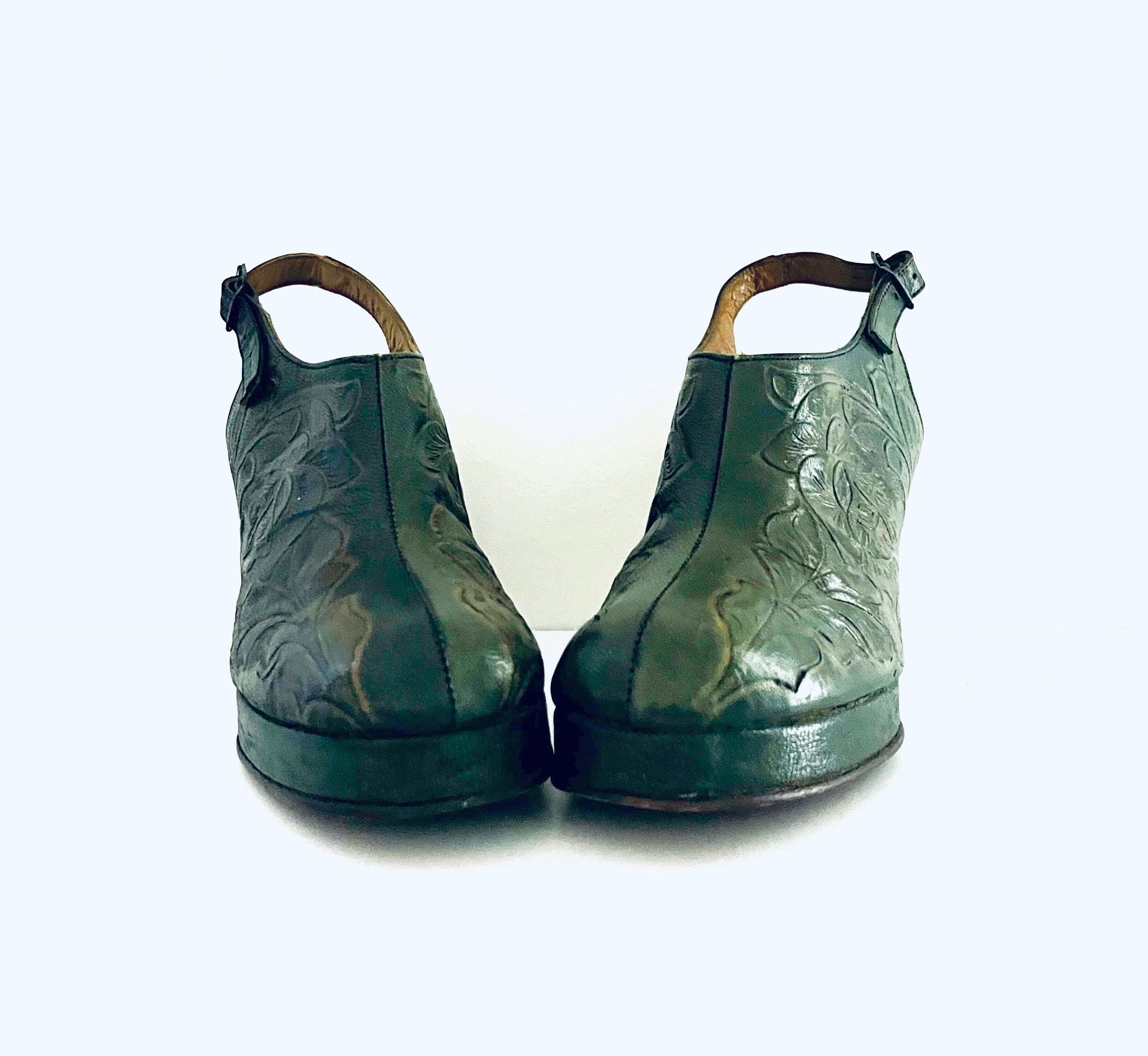70s Green Tooled Leather Platform Mules Slings Sandals Shoes N Stuff by ...