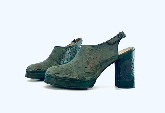 70s Green Tooled Leather Platform Mules Slings Sandal… - Gem