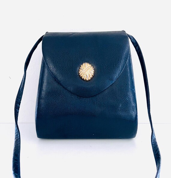 80s Blue Faux Snakeskin Structured Box Purse Shoulder… - Gem